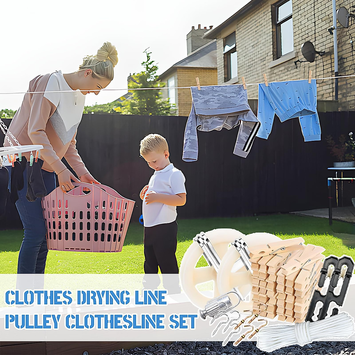 Clothes Line Outdoors, Clothes Line Pulley Kit Include 164ft Polyester Clothes Line Ropes, Clothesline Pulley, Clothesline S-Separators, Clothesline Tightener and Clothespins