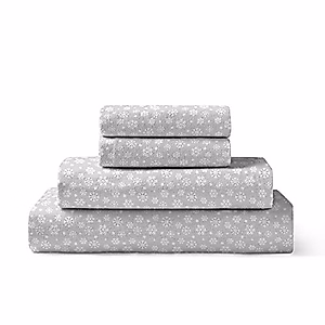 Brielle Home Flannel Sheet Set Cotton Soft Warm & Cozy Modern Chic with Elastic Deep Pockets, Queen, Snowflake Light Grey