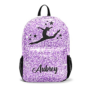 Gymnastic Violets Purple Glitter Personalized Backpack for Teen Boys Girls ,Custom Travel Backpack Bookbag Casual Bag with Name Gift