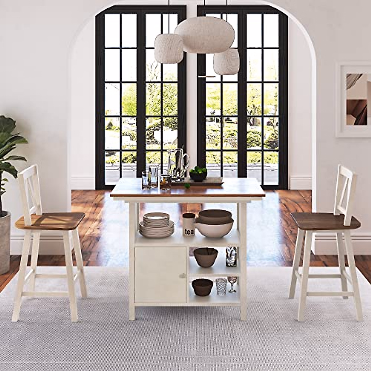Merax Farmhouse 3-Piece Wooden Kitchen Counter Height Dining Table Set with Storage Cabinet and Shelves for Small Places, Walnut+Distressed White