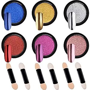 UIIOPJIOM Chrome Nail Powder 6 Colors Holographic Nail Powder Gold Sliver Red Blue Metallic Mirror Effect Pigment Nail Glitter Powder with 6 Pieces Eyeshadow Sticks for DIY Home Salon Nail Art Decor.