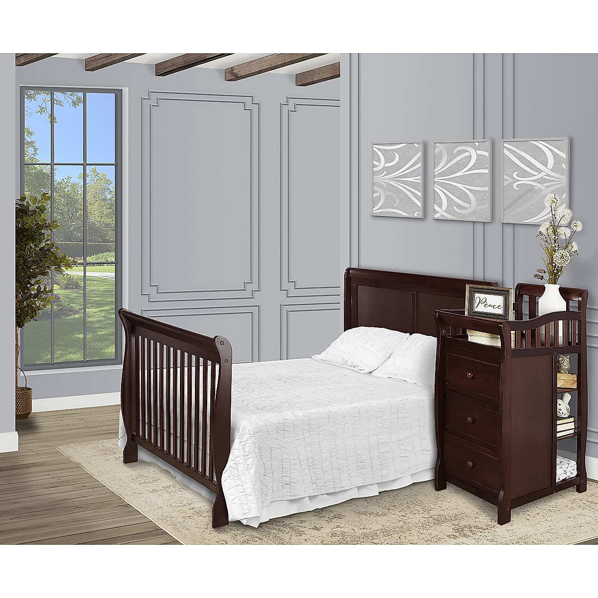 Dream On Me 5-in-1 Brody Full Panel Convertible Crib in Espresso with Changer, Spacious Drawers, Detachable Changing Table, 1''Changing Pad