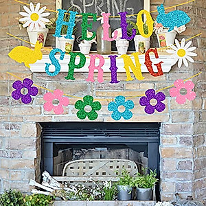 Hello Spring Banner, Spring Banner Garland, Spring Decorations for the Home, Spring Easter Theme Party Decorations, Spring Flower Banner Garland, Indoor Outdoor Mantel Fireplace Hanging Decor