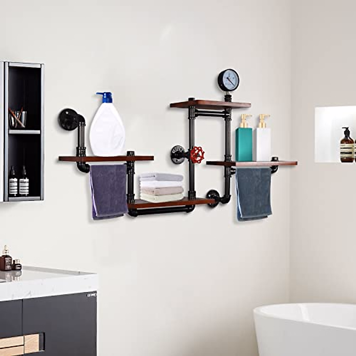 4 Tiers Industrial Pipe Shelving Wall Mounted,Rustic Wood Wall Shelf Storage Metal Floating Shelves Unit Bookshelf Hanging Wall Shelves for Farmhouse Kitchen Bar Bathroom Living Room Home Decor