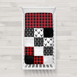 JLIKA Crib Bedding Sets for Boys - 3 Piece Woodland Set for Baby boy Rustic Nursery Decor | Quilt Blanket, Crib Sheet, Skirt - Deer Antler, Arrow Buffalo Plaid (Woodland Deer) (Red Buffalo Plaid)