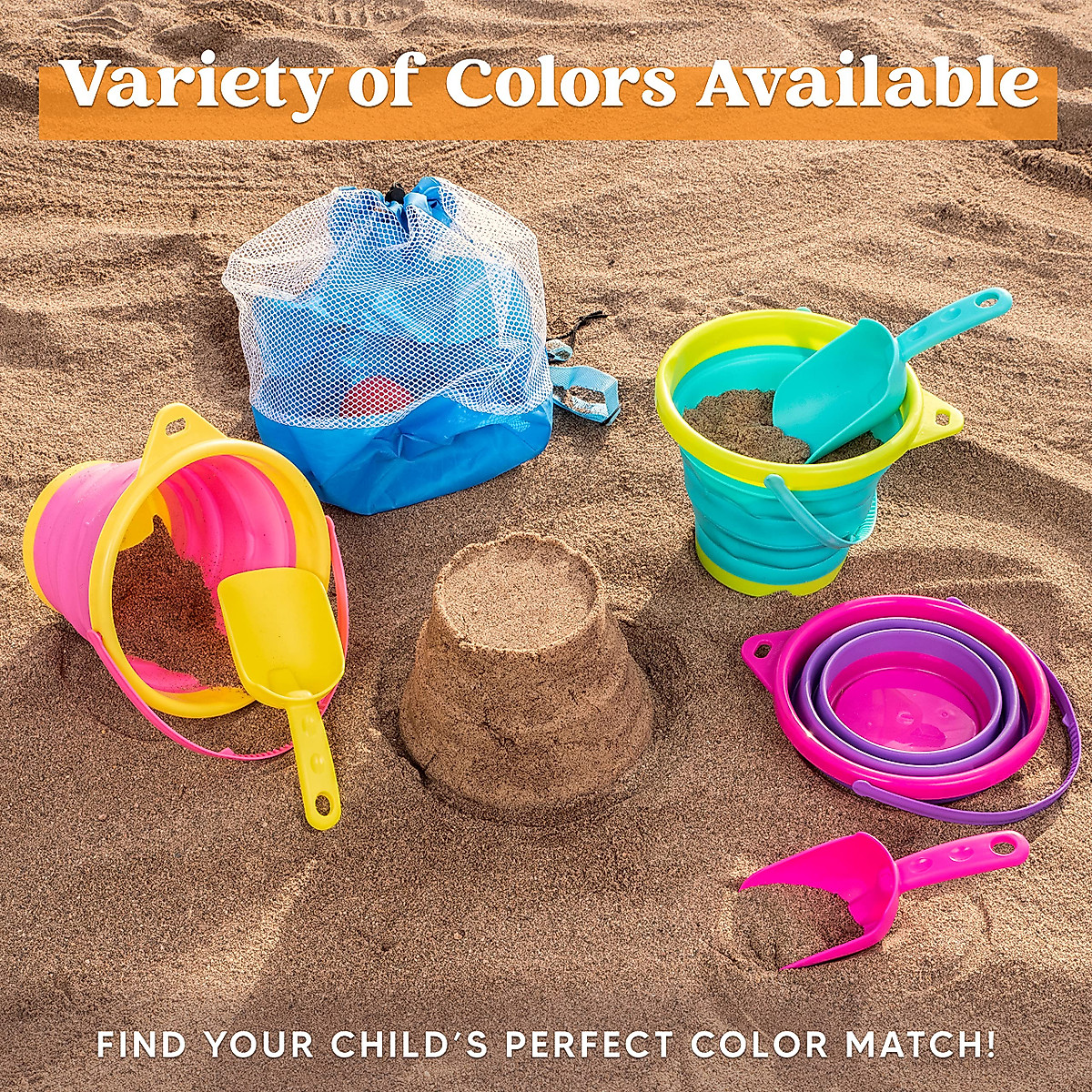 JOYIN Foldable Beach Bucket Set - 3 Packs Collapsible Toy Buckets with Shovels and Mesh Backpack for Kids Toddlers Party, Camping Gear, Travelling, Fishing Water Pail (Pink/Purple/Green)