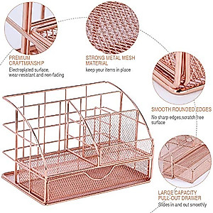 POPRUN Desk Organizers and Accessories for Women with Drawer, Cute Desk Supplies and Stationary Oganizer for Home and Office Desk Decor, Metal Mesh Desk Organization and Storage (Rose Gold)