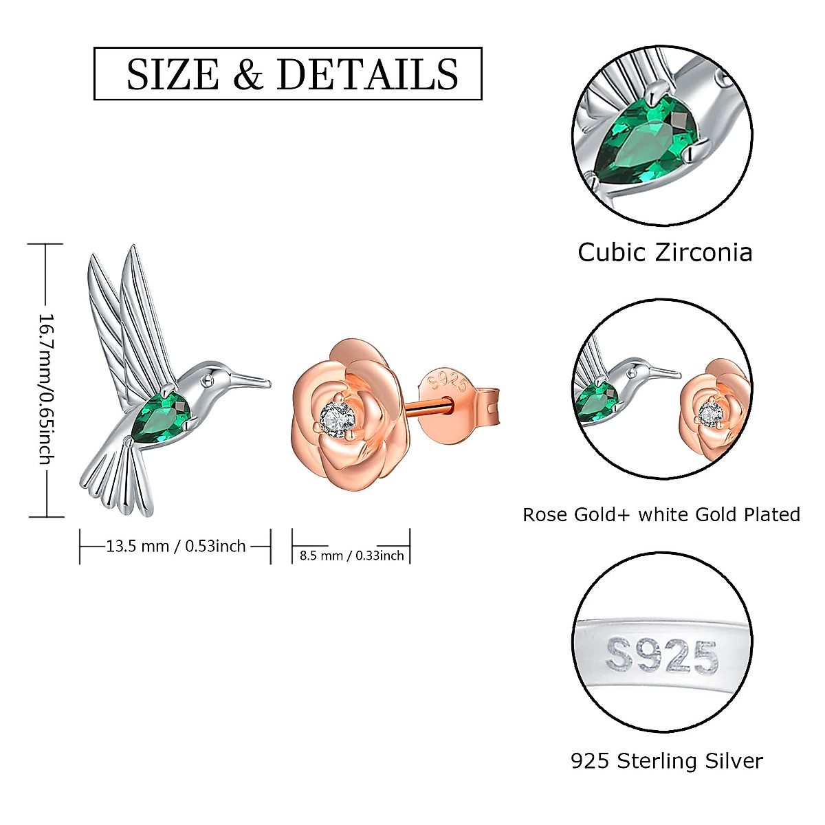 WOUOVO S925 Hummingbird Drop-Dangle Earrings - Waterdrop Flower Bird Eearring with Green Spinel Crystal Stone Mothers day Gifts for Mom and daughter (Rose Flower hummingbird)