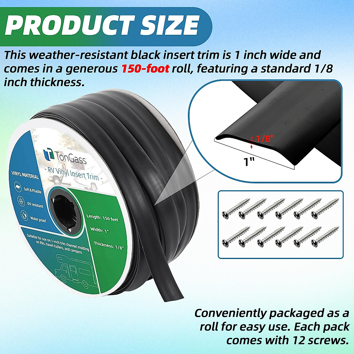 TonGass (Black, 1 Inch by 150 Feet) RV Vinyl Molding Trim Insert RV Trim Molding Exterior Waterproof UV-Resistant Exterior Trailer Siding Corners Trim Protects RV Shell Screws - No Need to Heat