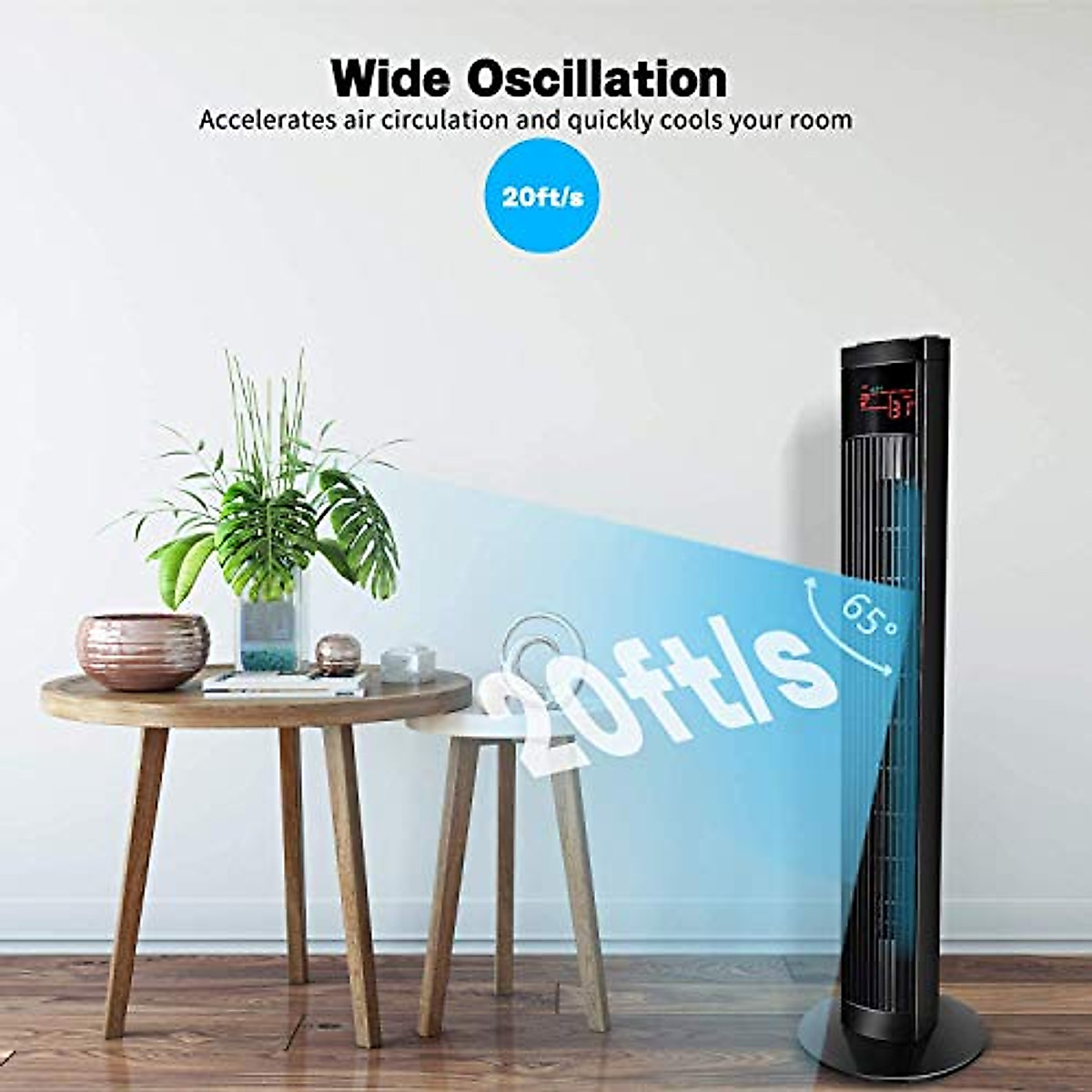 Simple Deluxe 48’’ Electric Oscillating Tower Fan with Remote Control and Large LED Display, Great for Indoor, Bedroom and Home Office, Black (48 inch)