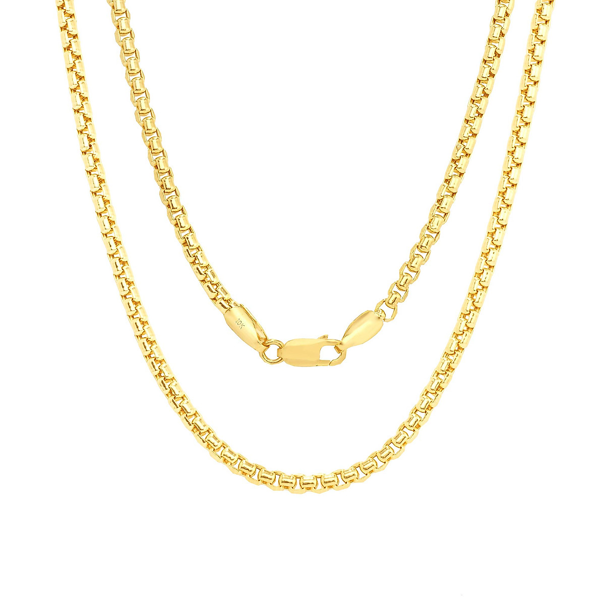 Nuragold 10k Yellow Gold 2mm Round Box Chain Venetian Link Pendant Necklace, Mens Womens Jewelry 16" 18" 20" 22" 24" 26" 28" 30"