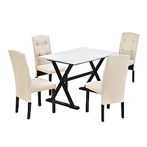 LZ LEISURE ZONE Dining Table Set, Solid Wood 5-Piece Dining Set with Faux Marble Tabletop and Upholstered Dining Chairs for 4, Dining Room Sets, White+Beige