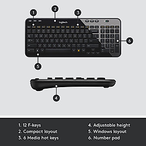 Logitech K360 Wireless USB Desktop Keyboard — Compact Full Keyboard, 3-Year Battery Life (Glossy Black)