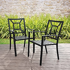 PHI VILLA 2 Pcs Metal Patio Outdoor Dining Chairs with Armrest, 2 Pack Stackable Wrought Iron Bistro Chairs, Portable Chairs Set of 2 for Garden Backyard Poolside, Supports 300 lbs, Black