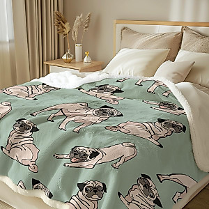 Sleepwish Pug Blankets for Kids Pug Fleece Throw Blanket Cute Pug Gifts for Girls Boys Soft Dog Animal Sherpa Blanket Pug Blankets and Throws for Couch Adults, Green (50" X 60")