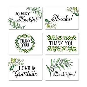 24 Greenery Foliage Thank You Cards With Envelopes, Simple Note For Adult Funeral Sympathy or Gift Gratitude Supplies For Grad, Birthday, Baby or Watercolor Bridal Wedding Shower For Boy or Girl Kid