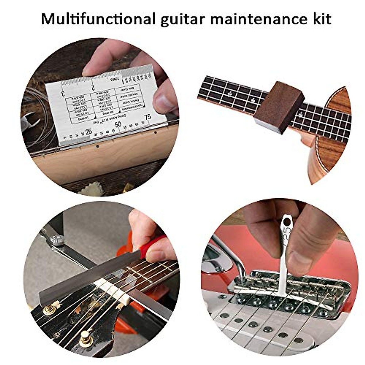 72PCS Guitar Tool Kit，Professional Guitar Repairing Maintenance Tool Kit with Guitar Strings Picks Bridge Pins Gauge Guitar Accessories Gift for Acoustic Guitar Electric guitar Ukulele Bass Banjo