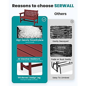 SERWALL Outdoor Bench, HDPE Outdoor Benches Weatherproof, 2-Person Garden Bench with 660 lbs Weight Capacity, Patio Benches for Outdoors, Garden, Porch, Backyard and Park, Red