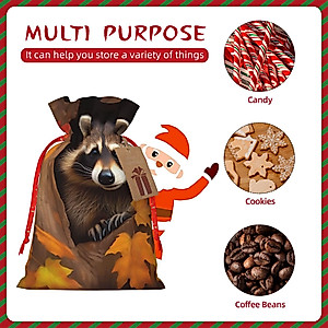 RLDOBOFE Christmas Gift Bags With Drawstring Raccoon in The Fall Tree Hole Christmas Burlap Gift Bag Christmas Drawstring Bag for Halloween Xmas Candy Bags Reusable Xmas Present Bags for Party