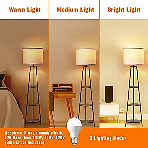 Floor Lamp, 3-Tier Round Corner Shelf Floor Lamp with 3 Dimmable Levels - Simple Standing Lamp with White Fabric Shade, Tall Modern Floor Lamps with Shelves for Bedroom, Living Room and Office