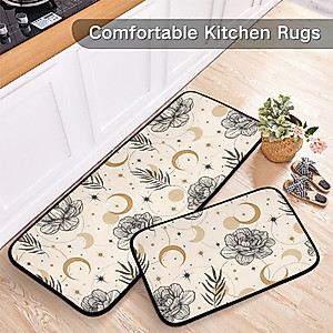 NFMILI (Boho Floral Moon) Kitchen Mat 2 PCS Cushioned Anti-Fatigue Kitchen Rug, Waterproof Non-Slip Floor Mats Thick Ergonomic Comfort Standing Mat for Kitchen Sink Laundry Room Bedroom Living Room