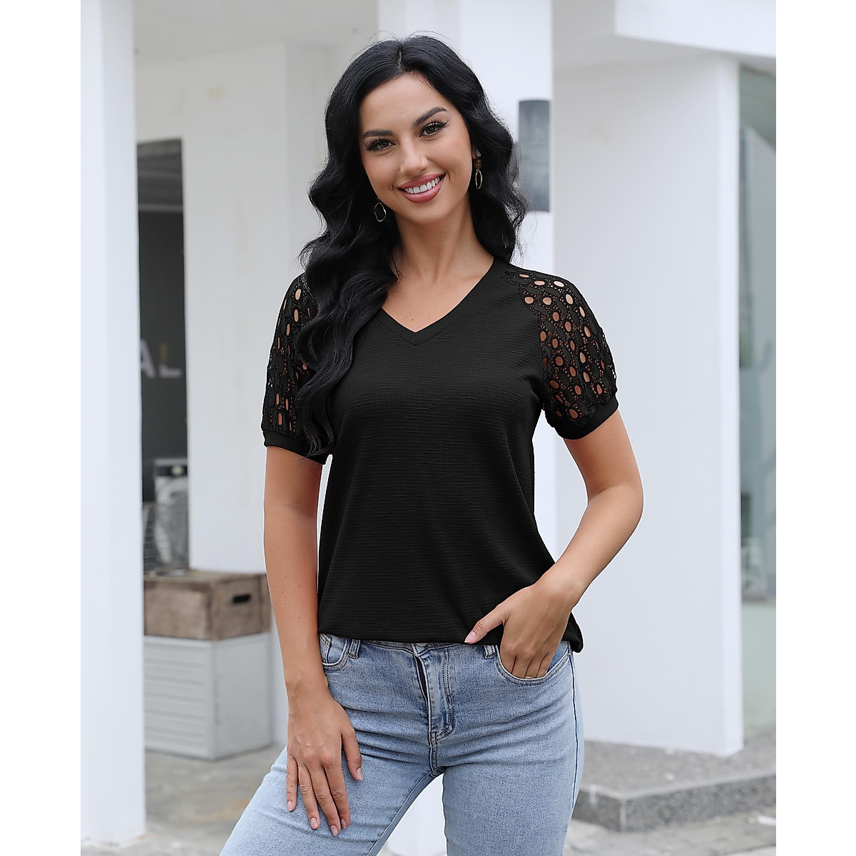 HAOMEILI Women’s Short Sleeve V Neck Tops Lace Shirt Casual Loose T Shirtss L Black