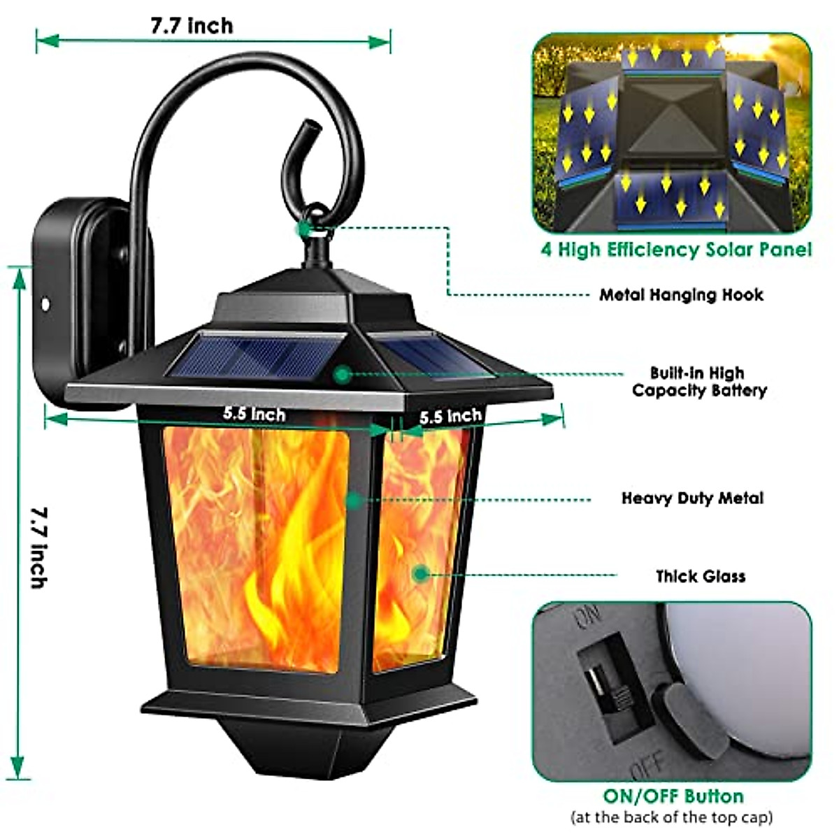 TomCare Solar Lights Outdoor Flickering Flame Metal Solar Lantern Anti-Rust Waterproof Solar Wall Lights Hanging Outdoor Lighting Solar Powered Decorative Flame Lights for Patio Porch Yard, 2 Pack