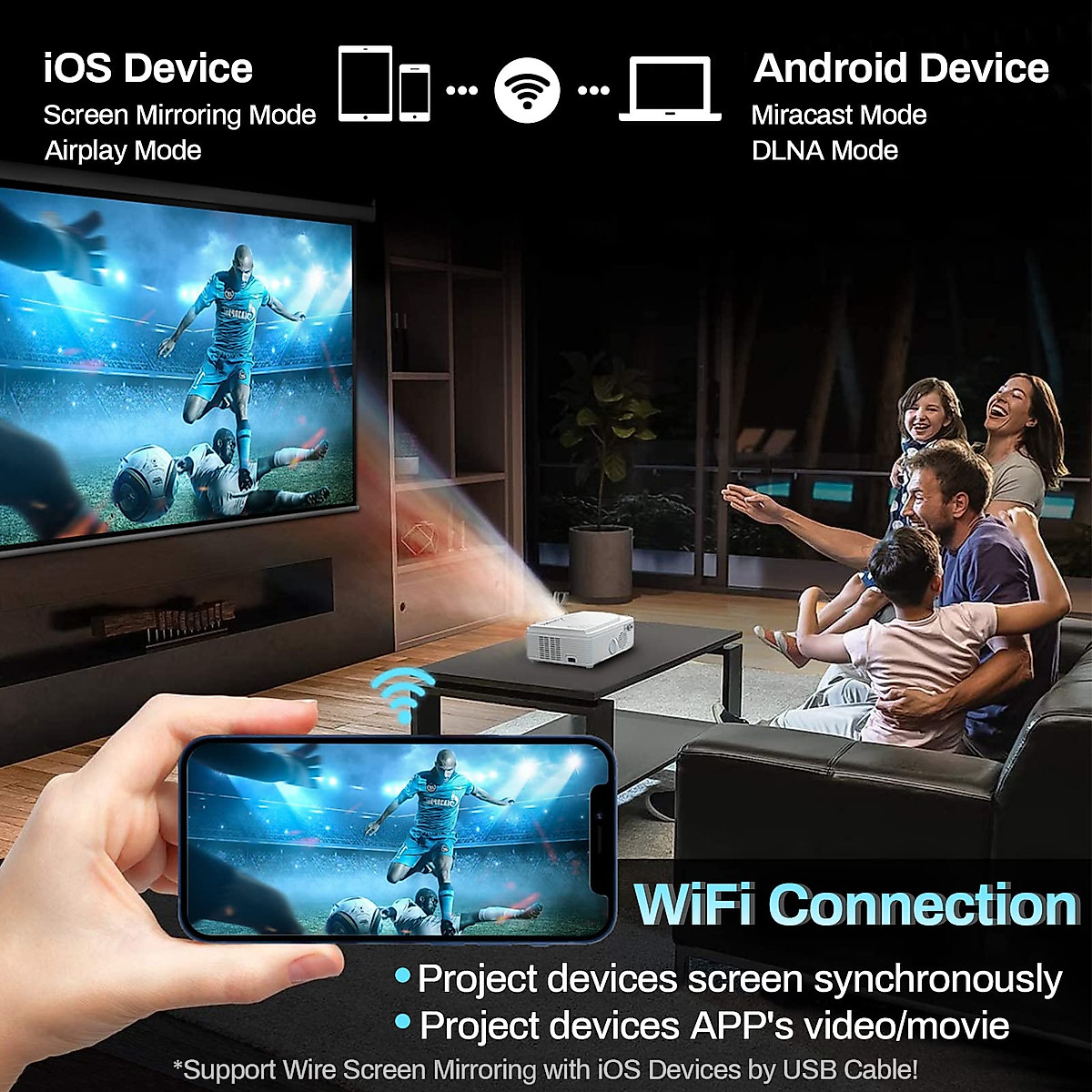 Native 1080P WiFi Bluetooth Projector Built in DVD Player, MINLOVE Full HD Portable Projector, Mini Video Movie Projector for Outdoor, Zoom & Sleep Timer Support, Compatible with TV/HDMI/VGA/AV/USB/TF