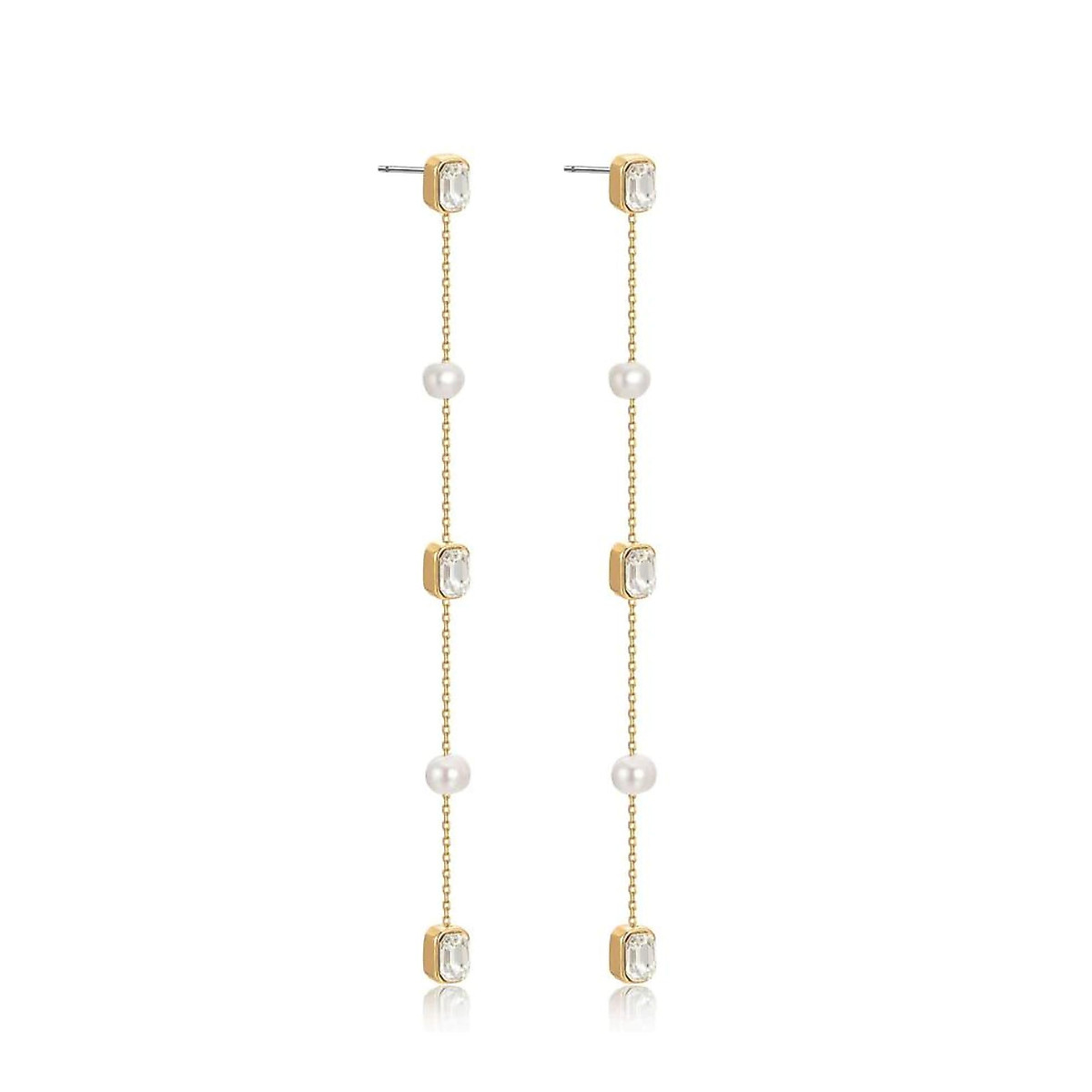 Ettika Gold Earrings. Pearl Earrings For Women. Freshwater Pearl and Crystal Linear 18k Gold Plated Dangle Earrings. Birthday Gifts For Women