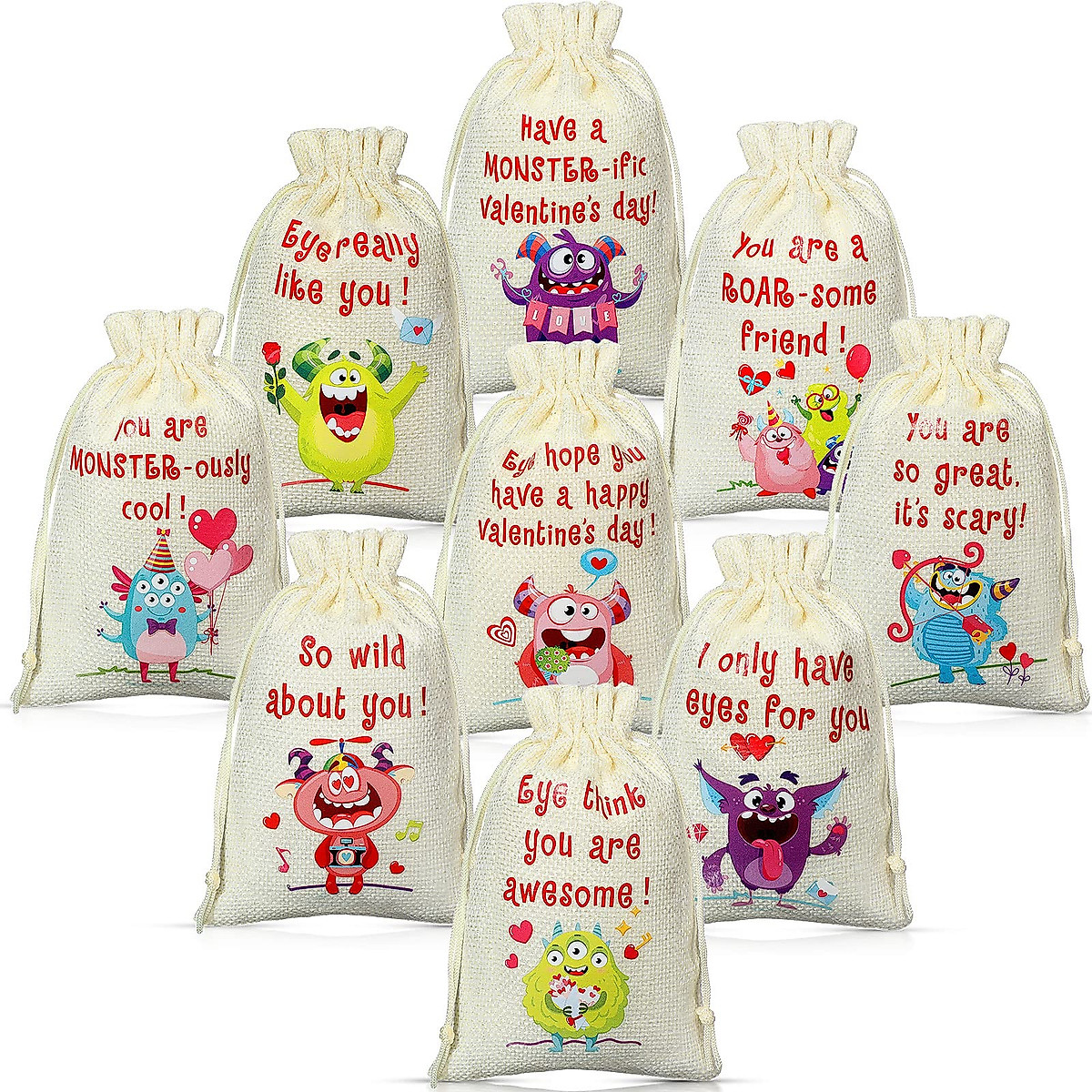 45 Pcs Valentine's Day Burlap Bags Burlap Canvas Gift Bags with Monster Pattern Valentine Linen Reusable Drawstring Bags Candy Treat for Boys Girls Valentine's Day Favors Party Gifts Supply 6 x 4 Inch
