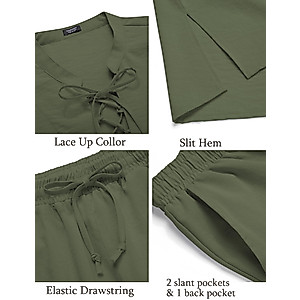 COOFANDY Men's 2 Piece Linen Sets Casual Long Sleeve Shirt and Loose Pants Set Beach Vacation Outfits, Army Green, X-Large