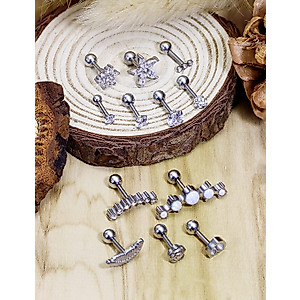 Vsnnsns 16G Cartilage Earrings Tragus Earrings for Women Silver Stainless Steel Forward Helix Earrings Stud Lip Rings Labret Monroe Medusa Barbells Studs Body Piercing Jewelry for Women Men