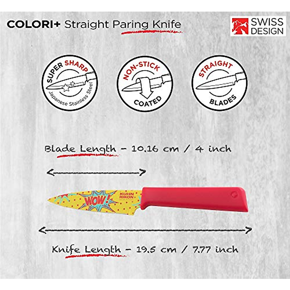 KUHN RIKON Pop Art Wow COLORI+ Non-Stick Straight Paring Knife with Safety Sheath, 19 cm