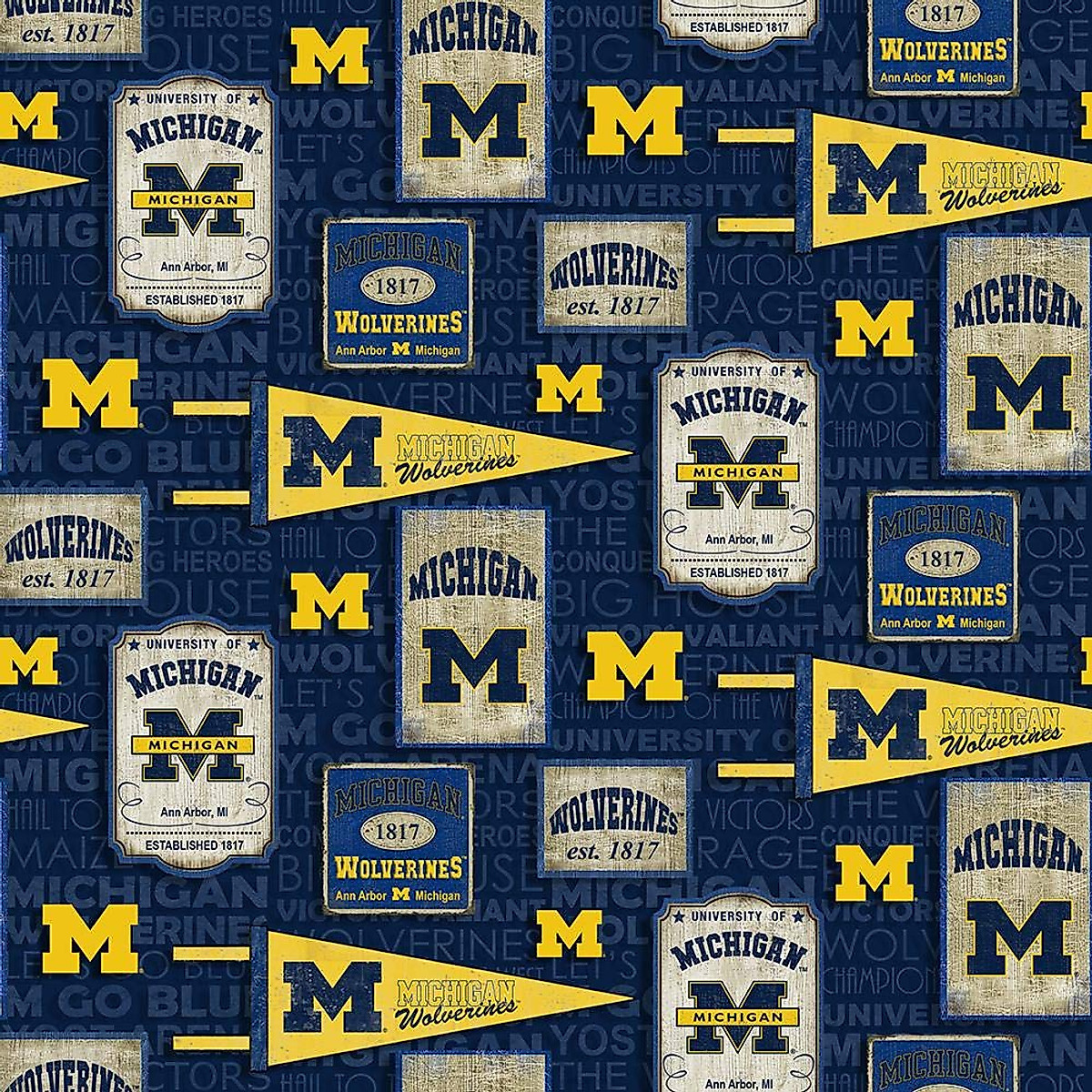 SYKEL ENTRPRISES University of Michigan Cotton Fabric with Vintage Pennant Design-Sold by The Full Yard