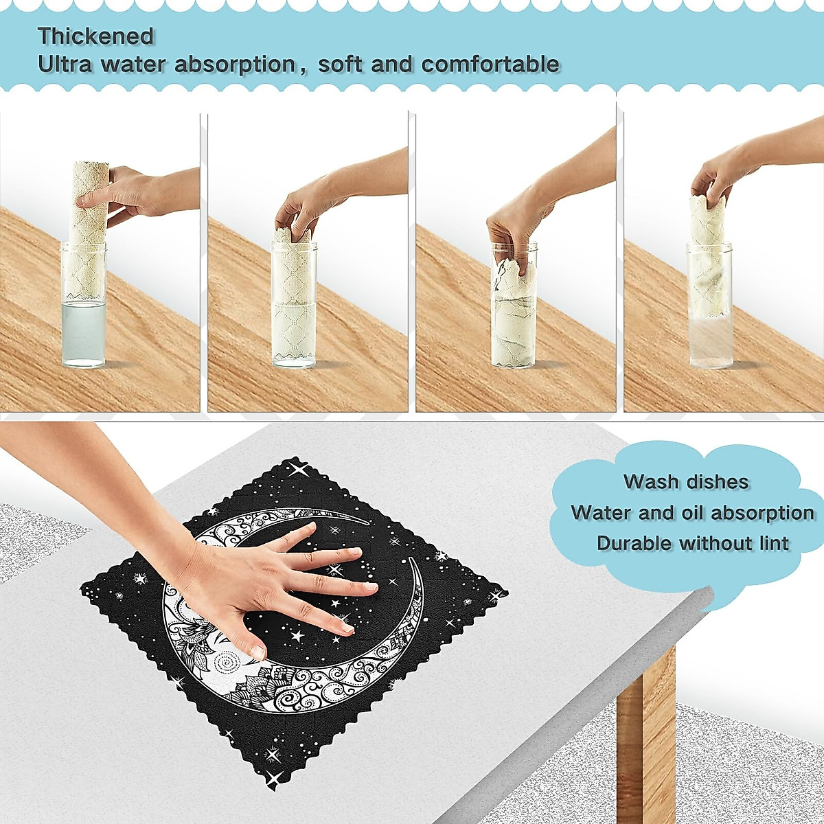 Vintage Hand Drawn Retro Face of The Moon Stars on Black 6 Set Kitchen Dish Towels, Washcloths Cleaning Cloths Dish Cloths, Absorbent Towels Lint Free Bar Tea Soft Waffle Towel 11"x11"