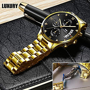 DREAMING Q&P Gold Stainless Steel Men's Wrist Watches Analog Quartz Black Military Chronograph Mutifunctional Crystal Wristwatch for Man with Date Calendar