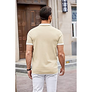 COOFANDY Mens Zipper Polo Shirt Short Sleeve Muscle Polo Shirt Golf Polo T Shirt Cream Color