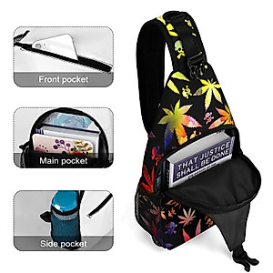 Lightweight Chest Shoulder Backpack For Travel Hiking Sling Bag Cross Body Personal Pocket Bag Compatible with Trippy Colorful Cannabis Marijuana Weed Leaf Skull Crossbones Black