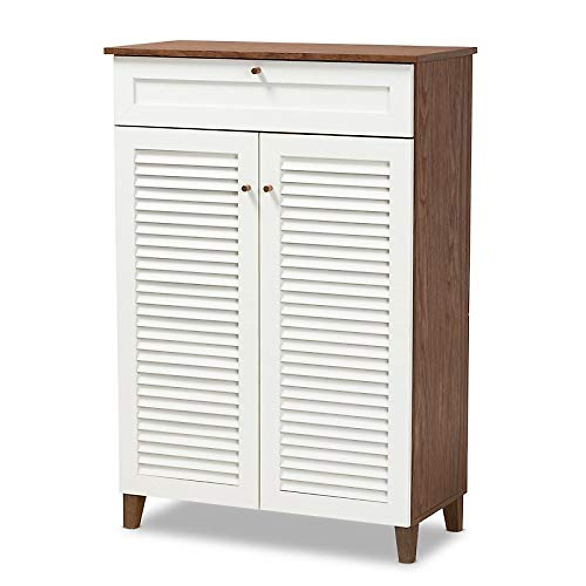 Baxton Studio Coolidge Modern and Contemporary White and Walnut Finished 5-Shelf Wood Shoe Storage Cabinet with Drawer