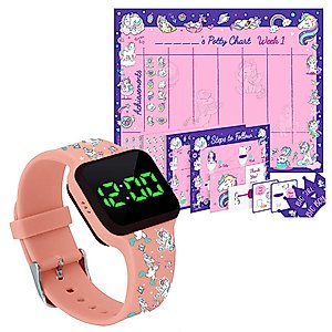 ATHENA FUTURES Potty Training Timer Watch with Flashing Lights and Music Tones -Unicorn Pattern and Potty Training Chart for Toddlers - Unicorn Design - Sticker Chart, 4 Week Reward Chart