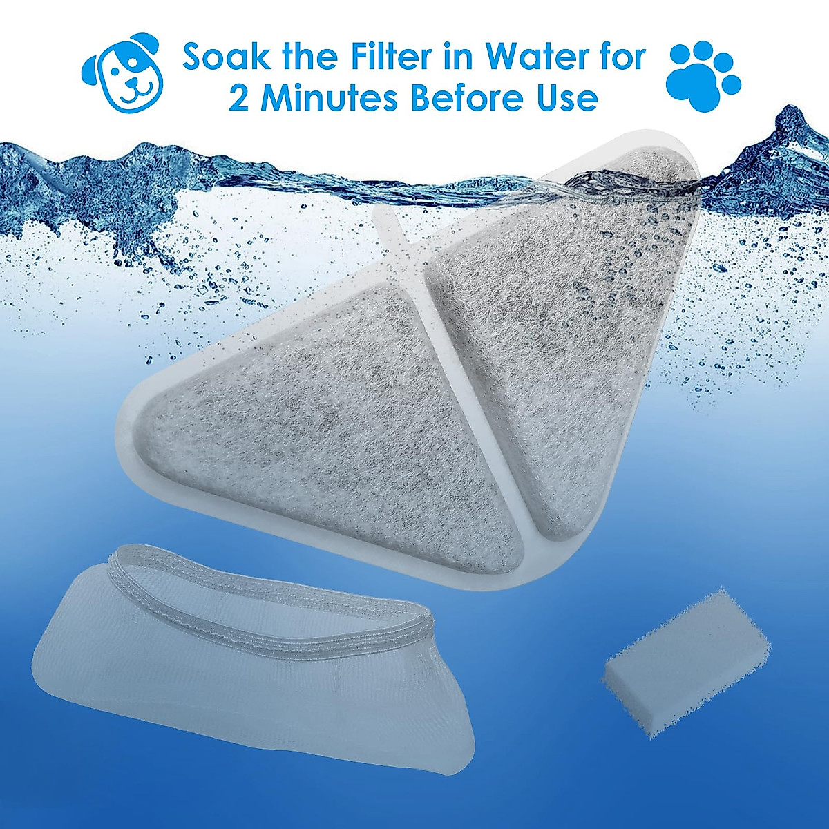 6 Pack Cat Water Fountain Filter Replacement Filter&Sponge&Filter Bag for 230oz/7L Pet Water Fountains