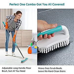 MEXERRIS Scrub Brush with Floor Scrubber Deck Brush Long Handle Combo Cleaning Kits, Stiff Bristles Durable Scrubbing Grout Brushes for Carpet Bathroom, Shower, Sink, Bathtub, Tile, Kitchen Surface