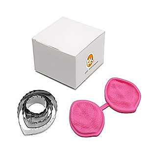 AK ART KITCHENWARE Fondant Leaf of Rose Silicone Veiner Molds Stainless Steel Cutters Set Sugarpaste Tools Cake Decorating Tools (Sawtooth Leaves)