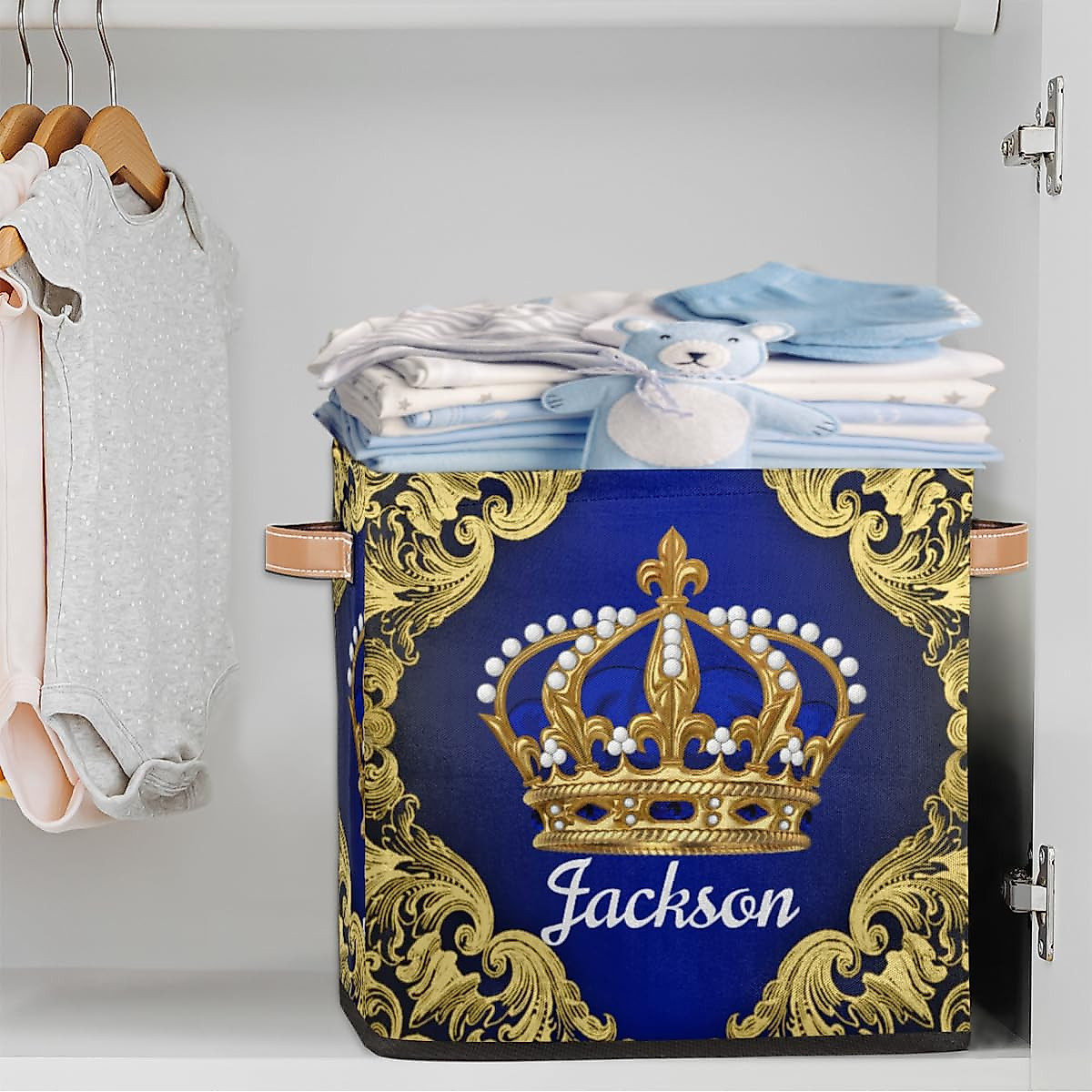 RIRIX Personalized Storage Bin, Custom Storage Baskets for Organizing with Handles, Foldable Storage Box for Closet Cloth Baskes Toy Blue Gold Prince Crown