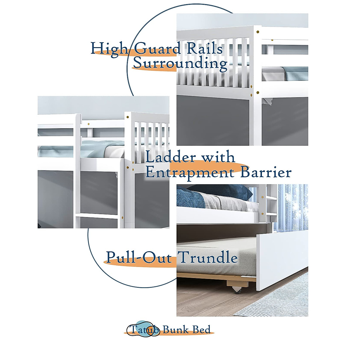 Tatub Full Over Full Bunk Bed with Trundle, Pine Wood Frame, Ladder and Guard Rails, Solid Bunk Bed with Trundle for Kids, Teens, Adults, No Box Spring Needed, Grey