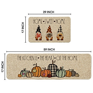 Artoid Mode Home Sweet Home Gnome Pumpkin Decorative Kitchen Mats Set of 2, The Kitchen is The Heart of The Home Seasonal Fall Holiday Party Vintage Low-Profile Floor Mat - 17x29 and 17x59 Inch