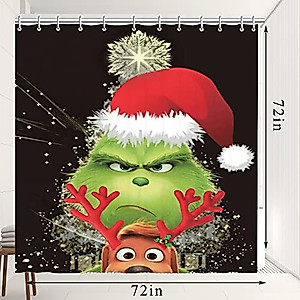 4Pcs Christmas Elk Grinch Shower Curtain Set with Non-Slip Rugs,Bath Mat and Toilet Lid Cover for Bathroom Weighted Lead Hem Polyester,New Year Xmas Winter Holiday Decor with 12 Hooks 72x72 in(50)