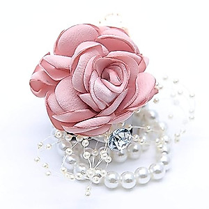 Fstrend Wedding Bridal Corsage Bridesmaid Pearl Leaf Wrist Flower Party Prom Hand Flower Crystal Bride Wedding Accessories for Women and Girls (Pink)
