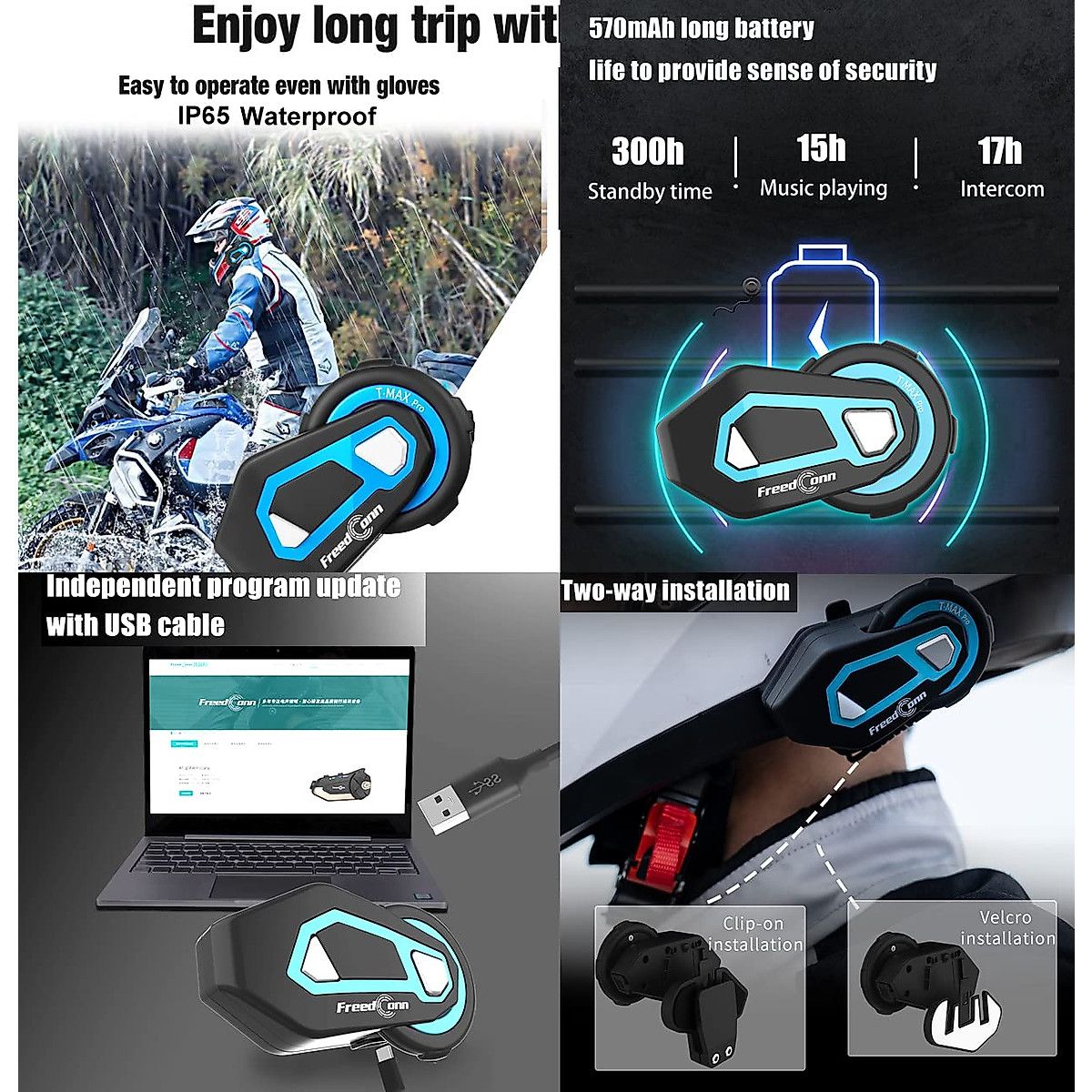 FreedConn T-Max Pro V5.0 Motorcycle Helmet Bluetooth Intercom Headset Communication Systems Kit with DSP/CVC Noise Cancellation, 1200m 6 Riders Group Helmet Intercom with FM Radio for ATV/Dirt Bike