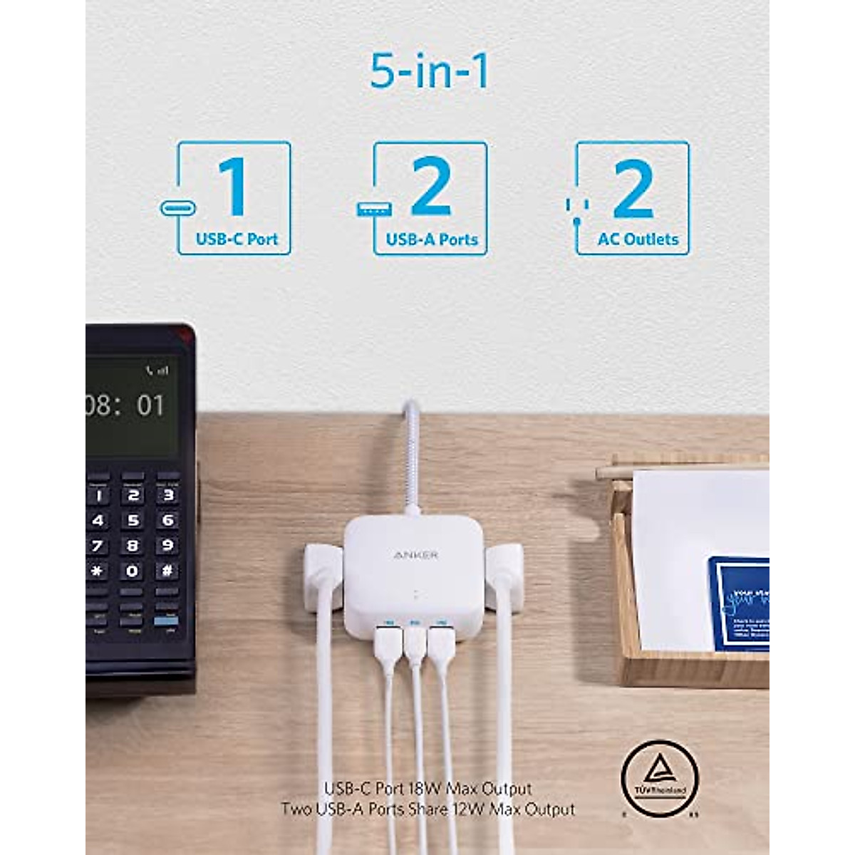 Anker Power Strip with USB C, 30W PowerPort Strip PD 2 Mini with 2 Outlets & 3 USB (18W USB C), 5 ft Cord, Flat Plug, high-Speed Charge to Phones, Tablets, for Hotel, Dorm Room, Cruise Ship and Home
